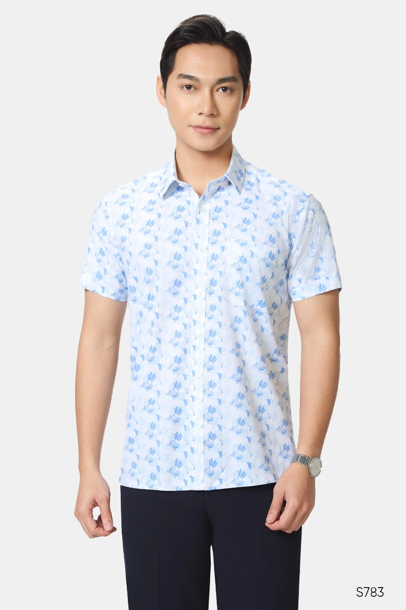 Áo sơ mi nam ngắn tay cao cấp họa tiết xanh | S783 - Santino | Santino